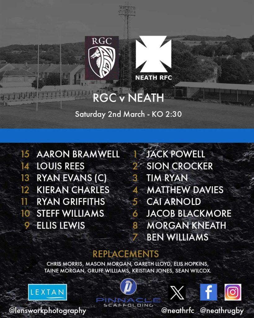 TEAM NEWS & SUPPORTER INFORMATION: NEATH v RGC (AWAY) SATURDAY, MARCH 2ND, 2024 KICK OFF 2.30pm ...