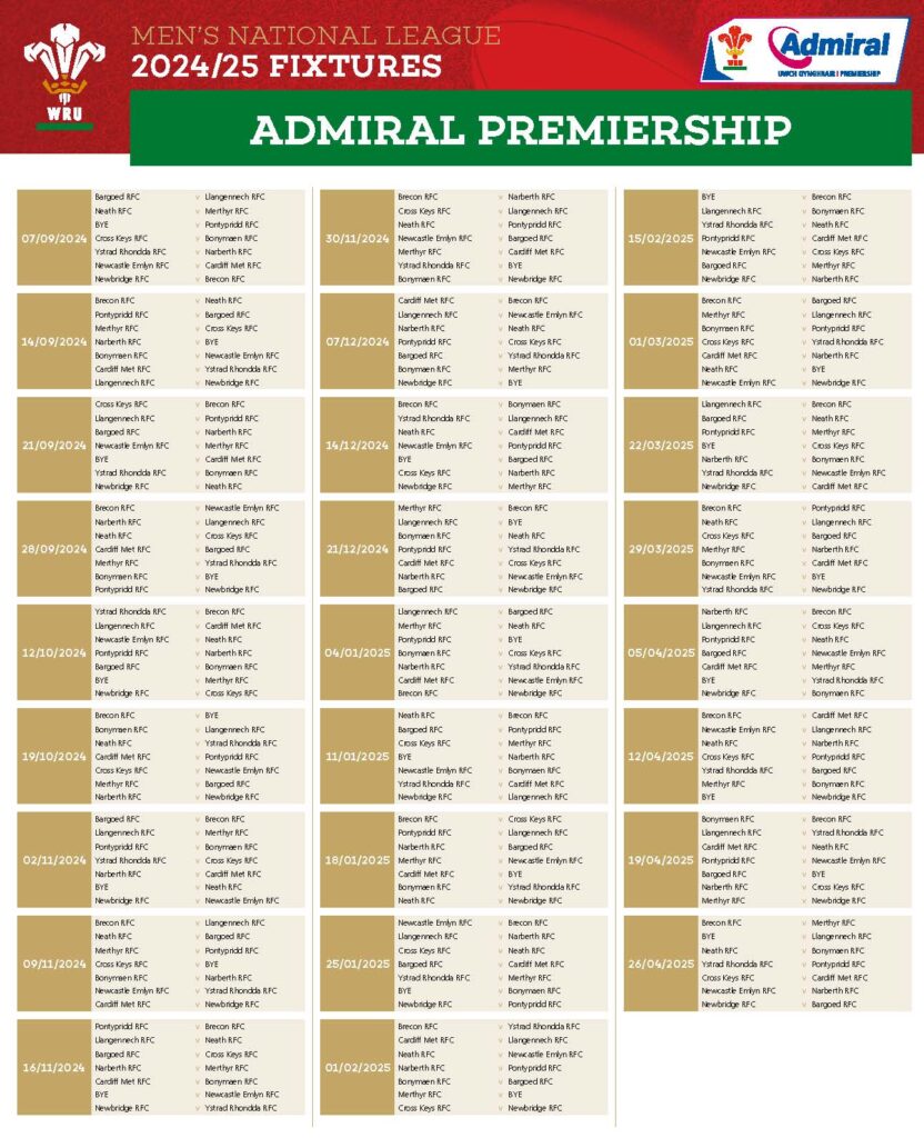 WRU RELEASES ADMIRAL PREMIERSHIP FIXTURES for 24-25 - Neath RFC